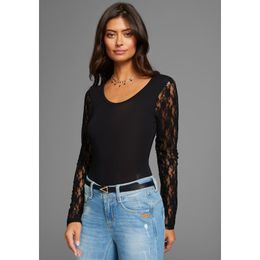 Laura Scott Damen Langarmbody mit edlen Spitzen&auml;rmeln schwarz 36, N-Gr