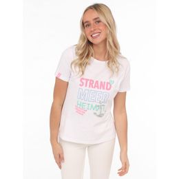 Zwillingsherz Damen T-Shirt &raquo;"Strand Meer Heimat"&laquo; maritimer Stickerei, Pailletten, Kurzarm, Rundhalsausschnitt wei&szlig; L/XL (L/XL)