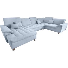 DOMO collection Wohnlandschaft &raquo;FRANZI optional mit Bettfunktion, Bettkasten & Kopfteilverstellung&laquo; U-Form, Recamiere links,pastelblau, B/T: 352/214 