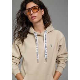Delmao Damen DELMAO Kapuzensweatshirt, Weiche Baumwollmischung mit K&auml;ngurutasche und bedruckter Kordel beige 36/38