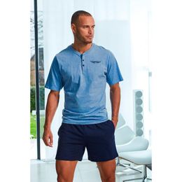 AUTHENTIC LE JOGGER Herren AUTHENTIC LE JOGGER Pyjama &raquo;kurzer Schlafanzug f&uuml;r Herren&laquo; 1 St&uuml;ck, 2 tlg. mit Knopfleiste, meliertes Oberteil blau 56/58