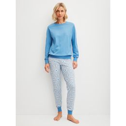 Calida Damen Calida Schlafanzug &raquo;Cotton Stripes&laquo; 2 Langarm, Rundhals-Ausschnitt, lockere Passform, Baumwolle blau S (40/42)