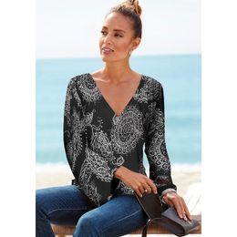 Vivance Damen 3/4-Arm-Shirt mit Alloverprint und V-Ausschnitt, Blusenshirt, Langarmshirt schwarz-wei&szlig; 40/42