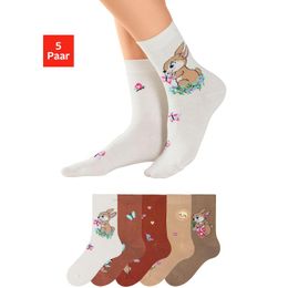 H.I.S. H.I.S Kinder Basicsocken Packung, 5 Stk. tlg. mit Hasen Motiven braun 39-42