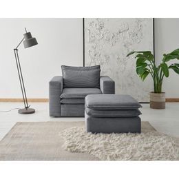 Home Affaire Sitzgruppe &raquo;PIAGGE&laquo; 2 Stk. tlg. Hochwertiger Cord, Sessel und Hocker klein im Set grau B/H/T: 110cm x 83cm x 161cm, Webvelours