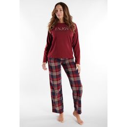 Tom Tailor Damen Tom Tailor Schlafanzug &raquo;Xanthi&laquo; Rundhalsausschnitt, Hose kariert, lang&auml;rmelig rot 36 (S)