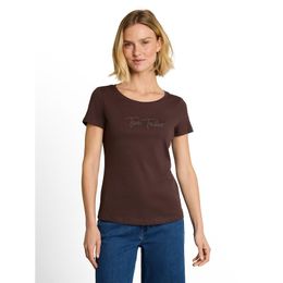 Tom Tailor Damen Tom Tailor Kurzarmshirt Sommershirt mit Glitzer-Wording braun M
