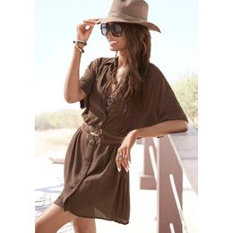 Lascana Damen Lascana Longbluse mit Knopfleiste, Kurzarmbluse, Blusenkleid, sommerlich braun 38