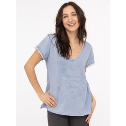Zwillingsherz Damen T-Shirt &raquo;"Positive Mind"&laquo; V-Ausschnitt, Kurzarm, Used-Look, Baumwolle, ausgefranste Kanten blau L/XL (L/XL)