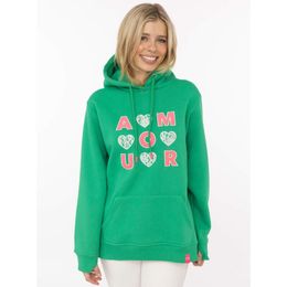 Zwillingsherz Damen Hoodie &raquo;"AMOUR"&laquo;, gesticktes Motiv mit Herzen und Spitze, Kapuze, K&auml;ngurutasche gr&uuml;n L/XL