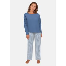 Tom Tailor Damen Tom Tailor Pyjama &raquo;Positivism&laquo; 2 tlg. Streifendesign, Langarm, Rundhalsausschnitt, lange Hose, Baumwollmix blau 46 (XXXL)