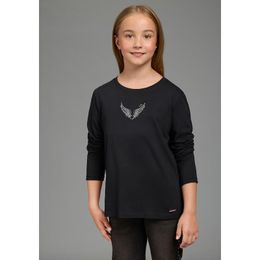 Bruno Banani M&auml;dchen Langarmshirt &raquo;Shirt mit Strass-Stein Applikation vorne und gro&szlig; hinten&laquo; Langarmshirt mit Engelsfl&uuml;gel-Applikation, h&uuml;ftlange 