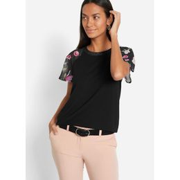 bonprix Damen bonprix T-Shirt bequeme Passform, Kurzarm-Design, mit Chiffon&auml;rmeln schwarz 48/50 (XL)