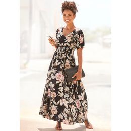 Lascana Damen Lascana Maxikleid &raquo;mit Blumendruck und V-Ausschnitt aus Webware&laquo; Sommerkleid mit Puff&auml;rmeln, Elegantes Webkleid, Strandkleid schwarz 40,