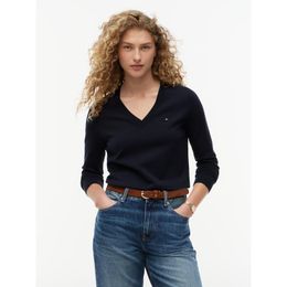 Tommy Hilfiger Damen V-Ausschnitt-Pullover &raquo;CO JERSEY STITCH V-NK SWEATER&laquo; Kontrastfarbene Streifen im Ausschnitt und Logo Stickerei am &Auml;rmel blau XXS