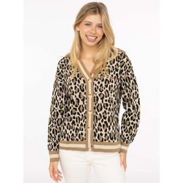 Zwillingsherz Damen Strickjacke &raquo;"Leo Streifen"&laquo; mit Kn&ouml;pfen, Leomuster und Streifenb&uuml;ndchen beige L/XL