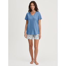 Calida Damen Calida Shorty &raquo;Blooming Nights&laquo; 2 tlg. Hose gebl&uuml;mt, Oberteil uni, V-Ausschnitt, kurz&auml;rmelig blau XS (36/38)