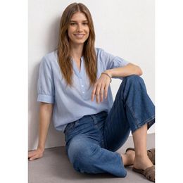 Street One Damen Street One Kurzarmbluse Chambray Bluse mit Splitneck und Elastiksaum 34
