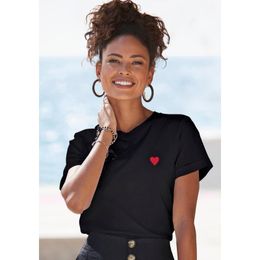 Lascana Damen Lascana T-Shirt mit s&uuml;&szlig;er Herz-Stickerei, Kurzarmshirt aus Baumwolle, Herz-Shirt schwarz 36/38