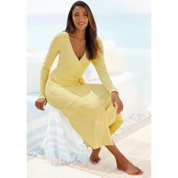 Lascana Damen Lascana Strickkleid Loungekleid zum wickeln mit Tailleng&uuml;rtel, Loungewear gelb 36/38, N-Gr