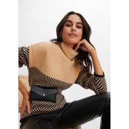 bonprix Damen bonprix Strickpullover zweifarbig mit Fischgr&auml;tmuster, mit Stehkragen, bequem beige 48/50 (XL)