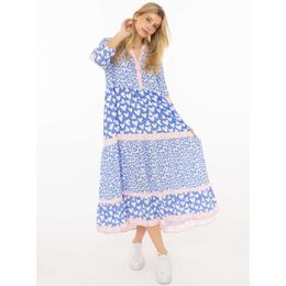 Zwillingsherz Damen Maxikleid &raquo;"Leo Love"&laquo; Ohne Taschen Mustermix: Leo und Herzen, Knopfleiste und 3/4 Arm blau S/M, N-Gr