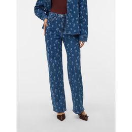 V&eacute;ro Moda Vero Moda Damen Straight-Jeans &raquo;VMTESSA HR WIDE FLOWER DENIM JEANS RA380&laquo; mit Blumenmuster blau 26, L&auml;nge 32
