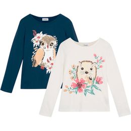 bonprix M&auml;dchen bonprix Langarmshirt Packung, 2 Stk. Regular Fit, mit Print, aus Baumwolle, im 2er-Pack wei&szlig; 176/182