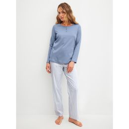 Calida Damen Calida Schlafanzug &raquo;Striped Dreams&laquo; 2 tlg. aus weicher Interlock-Qualit&auml;t, mit langen &Auml;rmeln, Hose gestreift blau M (44/46)