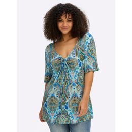 sheego Gro&szlig;e Gr&ouml;&szlig;en Print-Shirt mit herzf&ouml;rmigem Ausschnitt, aquamarin-royalblau-gemustert, Gr&ouml;&szlig;e 56/58 - Damen