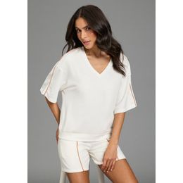Laura Scott Damen Sweater, casual Stil, mit V-Ausschnitt, mit Farbeinsatz, halbarm wei&szlig; 48/50