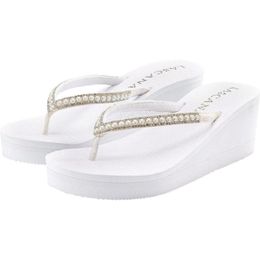 Lascana Damen Lascana Badezehentrenner &raquo;Sandale, Badeschuh, Pantolette, Badelatsche, Flip Flop&laquo; Zehentrenner mit Keilabsatz und Perlen VEGAN wei&szlig; 40