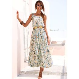 Buffalo Damen Midikleid &raquo;mit blumendruck aus gewebter Viskose&laquo; Seitennahttaschen Sommerkleid, Spaghettikleid, Blumenkleid, Boho-Kleid aus Viskose blau