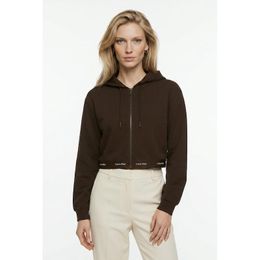 Calvin Klein Jeans Damen Kapuzensweatjacke &raquo;LOGO WAIST CROPPED&laquo; mit Kapuze, kurze From, Logoschriftzug am Bund braun XS
