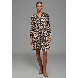 Bruno Banani Damen Jerseykleid &raquo;mit Satin-Ausschnitt und Stufenrock&laquo; Ohne Taschen im Animal-Look, kniefrei, 3/4 &Auml;rmel 38, N-Gr