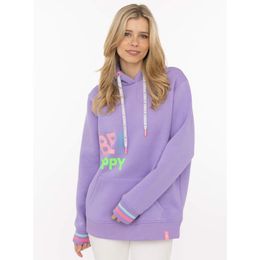 Zwillingsherz Damen Hoodie &raquo;"Be Happy!"&laquo;, gestreifte B&uuml;ndchen, Aufdruck auf Brust, Kapuze, K&auml;ngurutasche L/XL