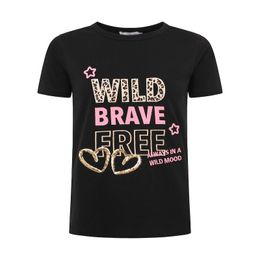 Zwillingsherz Damen T-Shirt &raquo;"Wild Brave Free"&laquo; Leo-Muster, Pailletten, Kurzarm, Rundhalsausschnitt, Schriftz&uuml;ge schwarz SM (S/M)