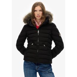 Superdry Damen Steppjacke &raquo;FUJI FAUX FUR HOOD PADDED JKT&laquo; mit Kapuze mit Markenlabel, Slim Fit, hochschlie&szlig;ender Kragen, aus Webmaterial schwarz XS