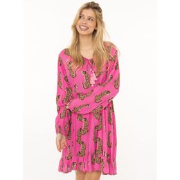 Zwillingsherz Damen Sommerkleid &raquo;"Loevely Leopard"&laquo; Leopardenmotiv, mit Tassel, lange &Auml;rmel, figurumspielend pink L/XL, N-Gr