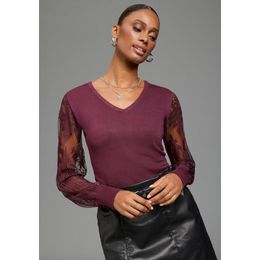 Melrose Damen V-Ausschnitt-Pullover Feinstrickpullover mit &Auml;rmeln aus hochwertiger Spitze 44