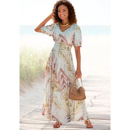 Lascana Damen Lascana Maxikleid &raquo;mit Alloverdruck und V-Ausschnitt aus Webware&laquo; Sommerkleid mit Puff&auml;rmeln, Elegantes Webkleid, Strandkleid orange 36,