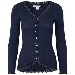 rosemunde Damen rosemunde Strickjacke &raquo;Babette Silk Cardigan mit Seide&laquo; Vintage-Spitzenbesatz, Perlmuttknopfleiste, Langarm, Seidenmix blau L