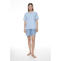 Mey Damen Shorty &raquo;Flower Meadow&laquo; 2 tlg. Rundhalsausschnitt, kurz&auml;rmlig, Oberteil uni, Hose gemustert blau 48