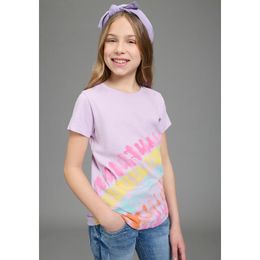 Kidsworld M&auml;dchen Kidsworld T-Shirt &raquo;Shirt mit Regenbogen-Print&laquo; Kurzarm, h&uuml;ftlang geschnitten, bedruckt, Rundhals-Ausschnitt 140/146