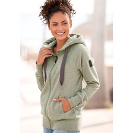 ELBSAND Damen Kapuzensweatjacke &raquo;Kelina&laquo; mit Logostickerei auf der Kapuze, bequeme Freizeitjacke mit Taschen gr&uuml;n XXL (44)