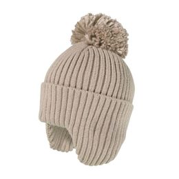 MaxiMo Jungen MaxiMo Strickm&uuml;tze w&auml;rmend, breiter Umschlag, Ohrenklappen, Bommel braun 49/51