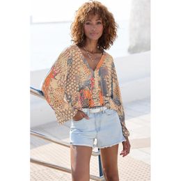 Buffalo Damen Fledermausshirt mit Animaldruck, lockere Bluse mit V-Ausschnitt, Blusenshirt bunt 36/38
