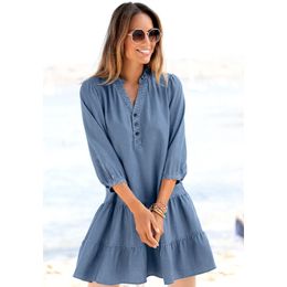 Lascana Damen Lascana Jeanskleid &raquo;mit R&uuml;sche am Kragen und kurzer Knopfleiste, Blusenkleid&laquo; Ohne Taschen Sommerkleid aus weicher Lyocellware, lockeres