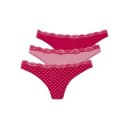 Lascana Damen Lascana String 3er-Pack, aus elastischer Baumwolle mit zarter Spitze rot 32/34
