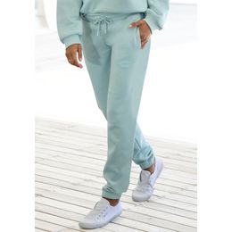 Lascana Damen Lascana Sweathose Loungehose mit seitlichen Taschen und Logostickerei, Loungewear gr&uuml;n 32/34, N-Gr
